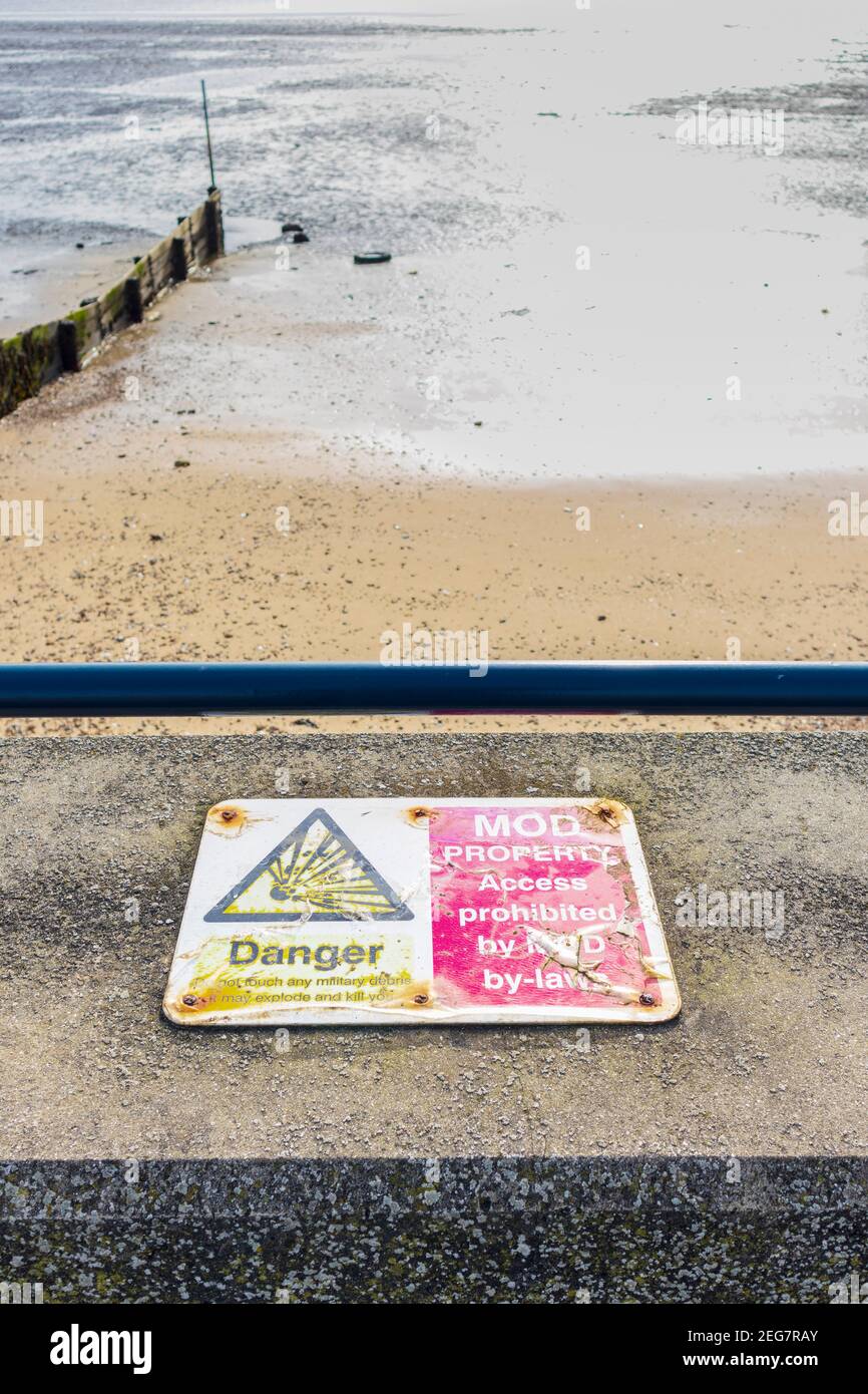 MoD Warning Sign on Seawall at Shoeburyness near Weapons Testing Area ...