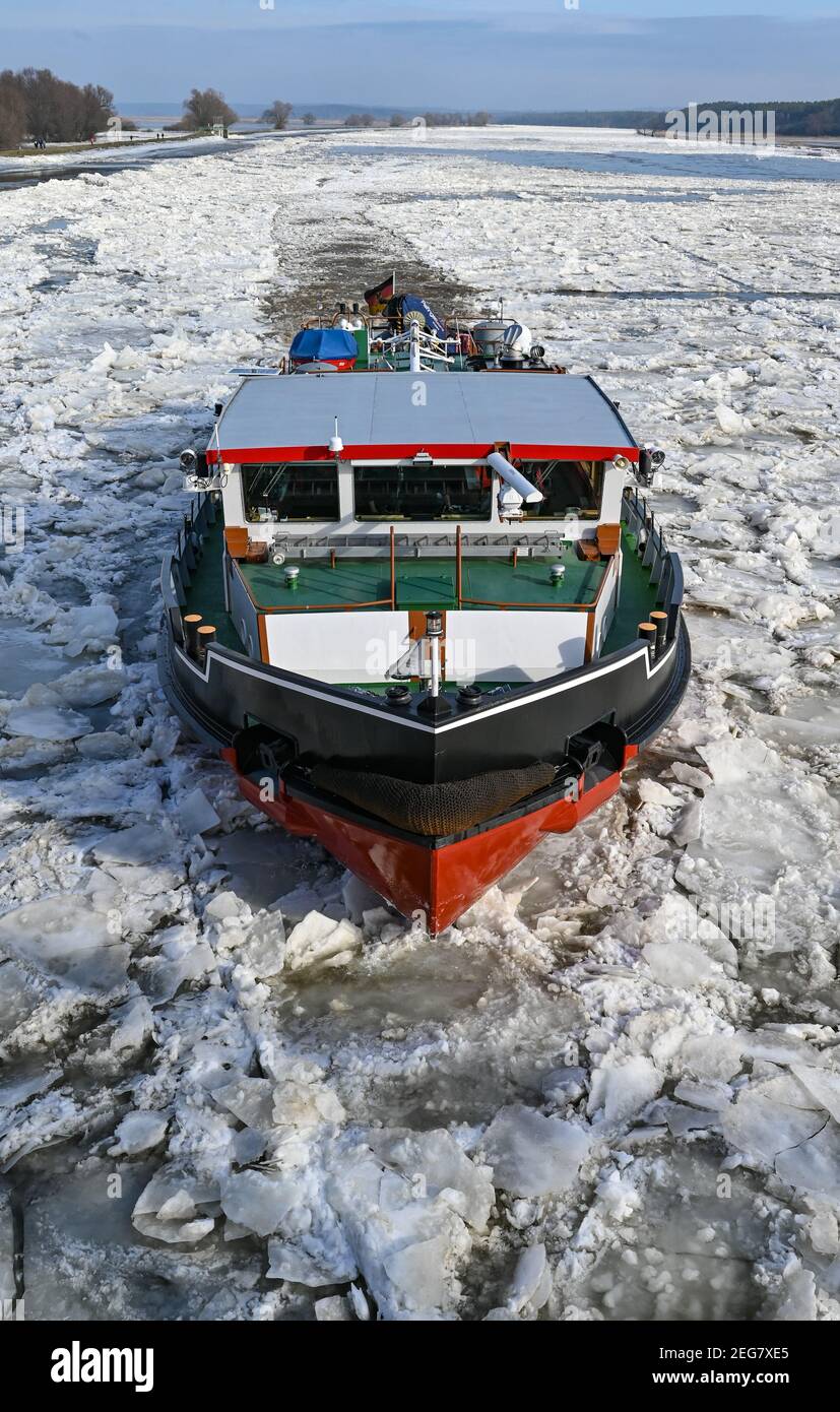 Schwedt, Germany. 18th Feb, 2021. A German icebreaker sails on the ...