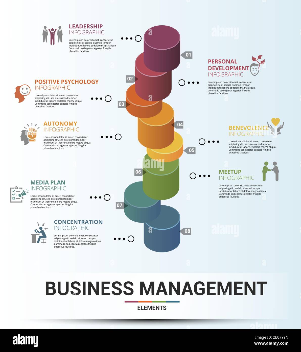 Infographic Business Management template. Icons in different colors ...