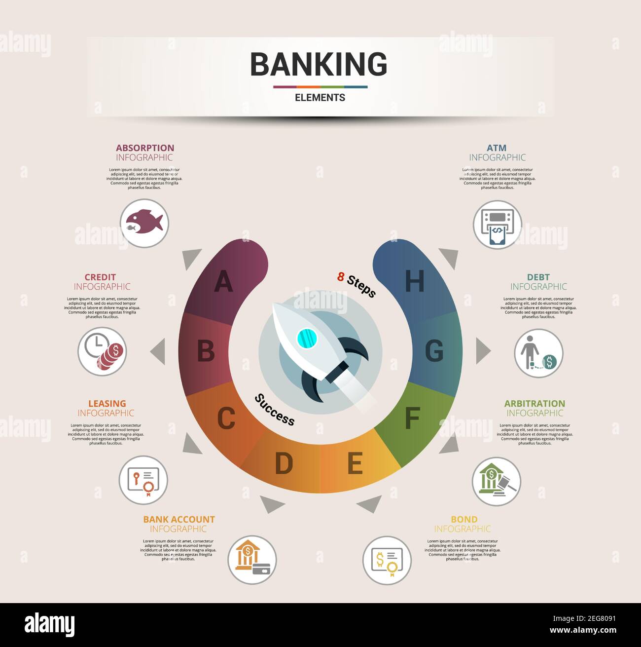Infographic Banking template. Icons in different colors. Include ...