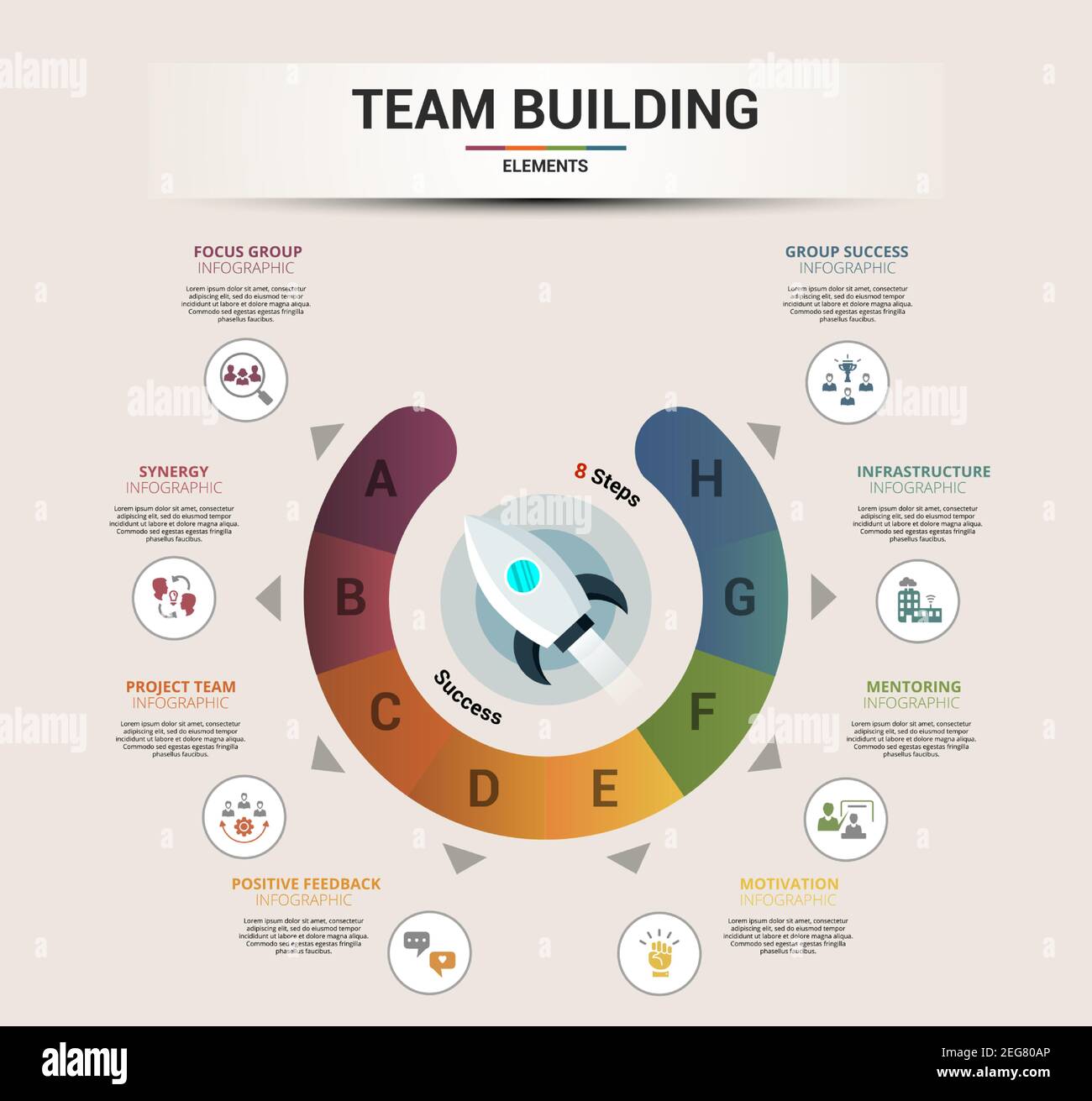 Infographic Team Building template. Icons in different colors. Include ...