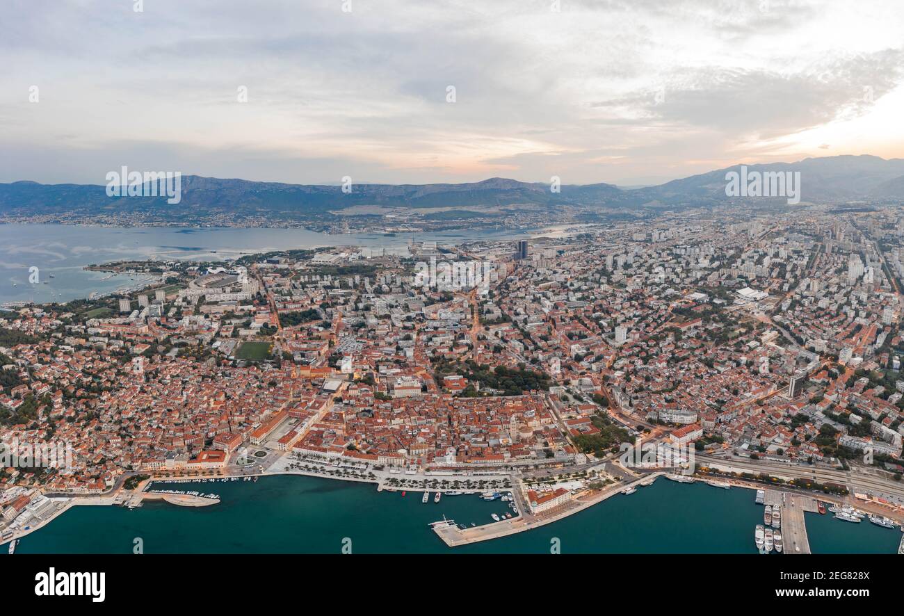 Aerial drone view of Split new town before sunrise in morning in ...