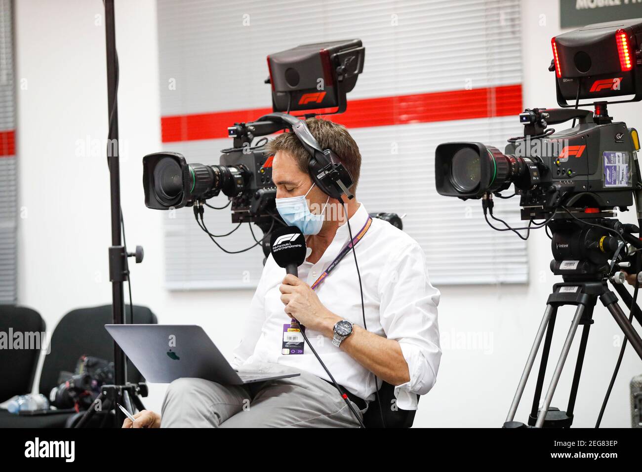 Tom Clarkson interviewing the drivers in press conference during the ...