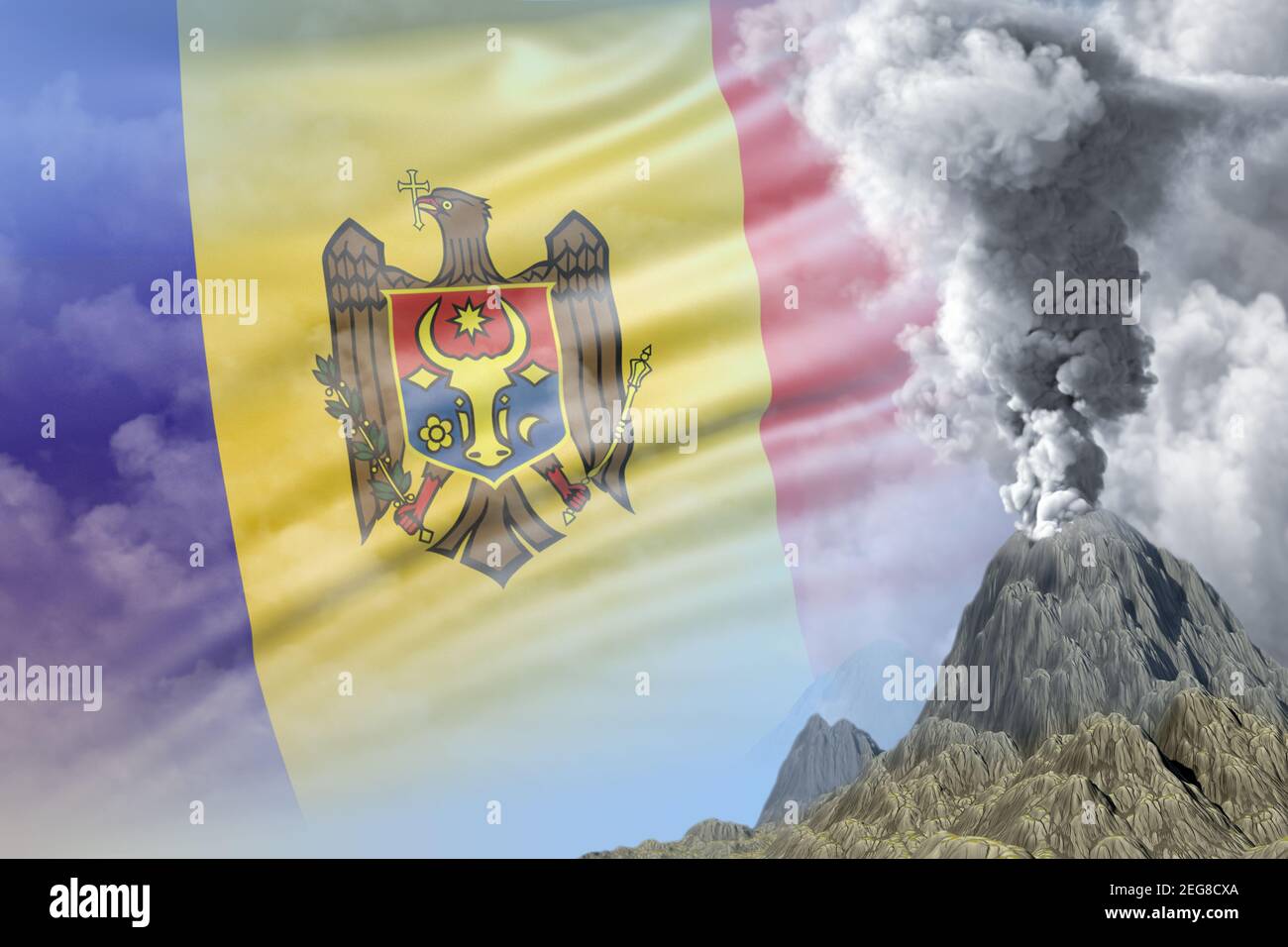 conical volcano blast eruption at day time with white smoke on Moldova ...