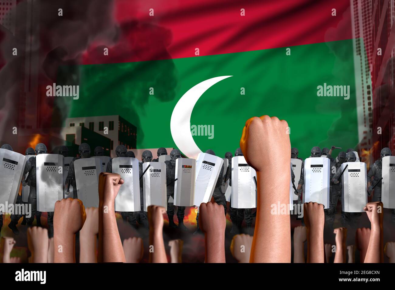 Protest in Maldives - police swat stand against the angry crowd on flag ...