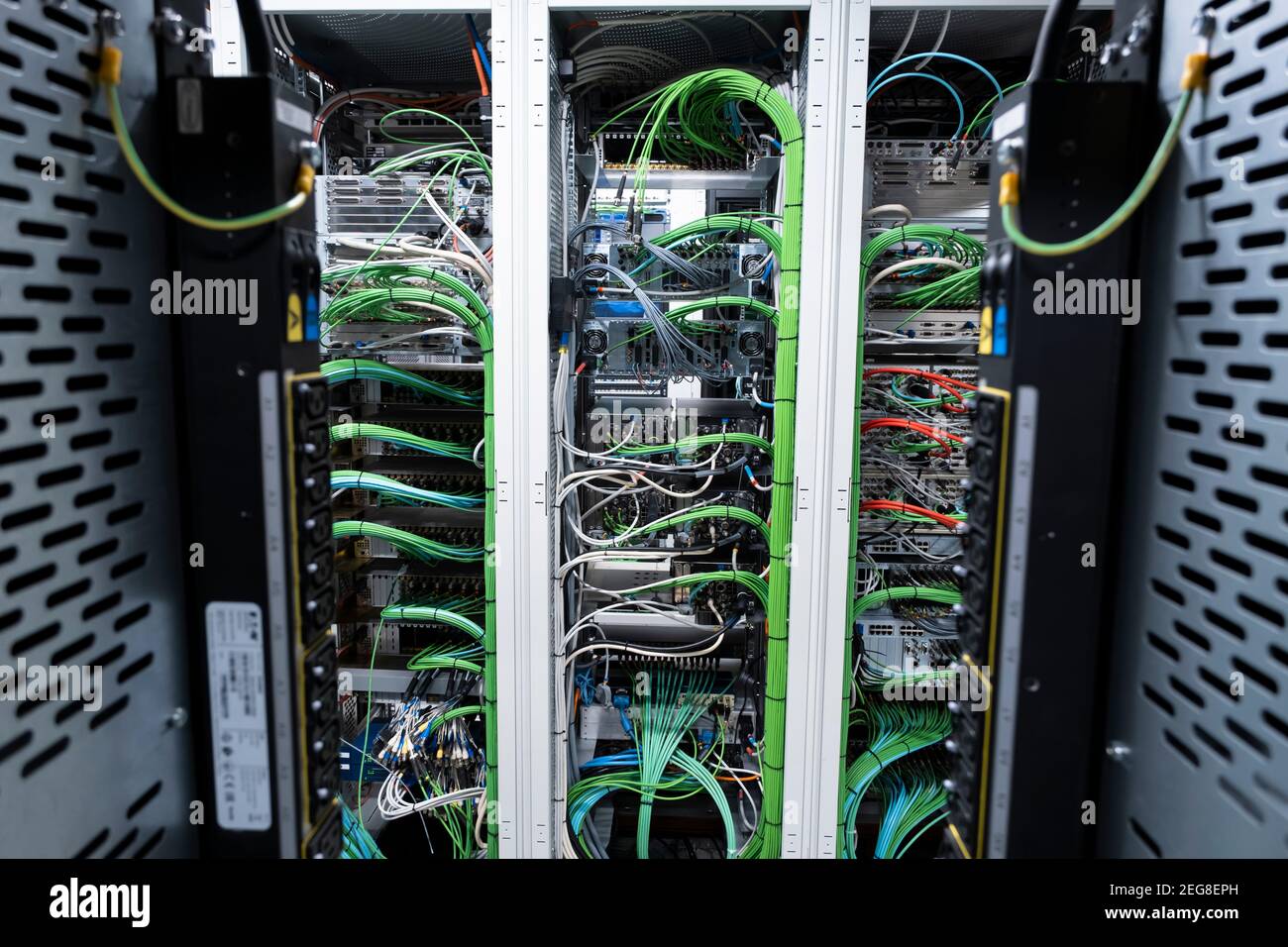 Close up view of internet equipment and cables in the server room ...
