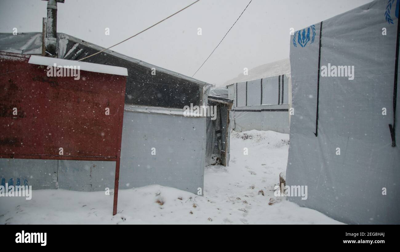 Syrian Refuge Camp at Syria Lebanon Borders at time of Blizzard Winter ...