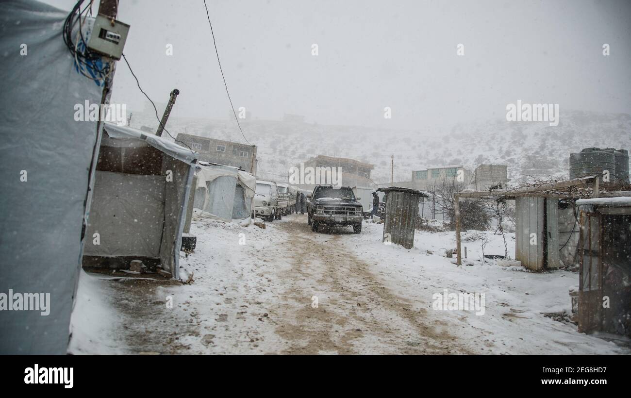 Syrian Refuge Camp at Syria Lebanon Borders at time of Blizzard Winter ...