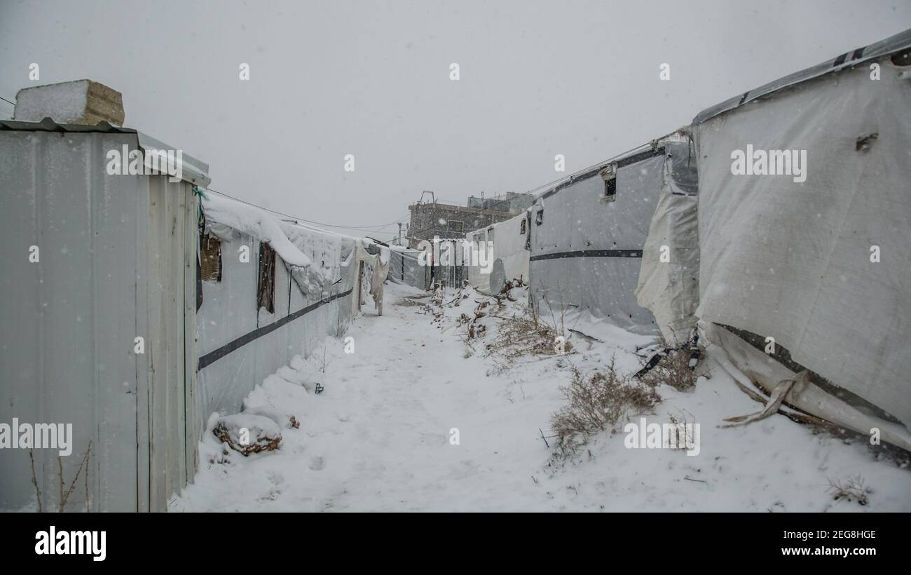 Syrian Refuge Camp at Syria Lebanon Borders at time of Blizzard Winter ...