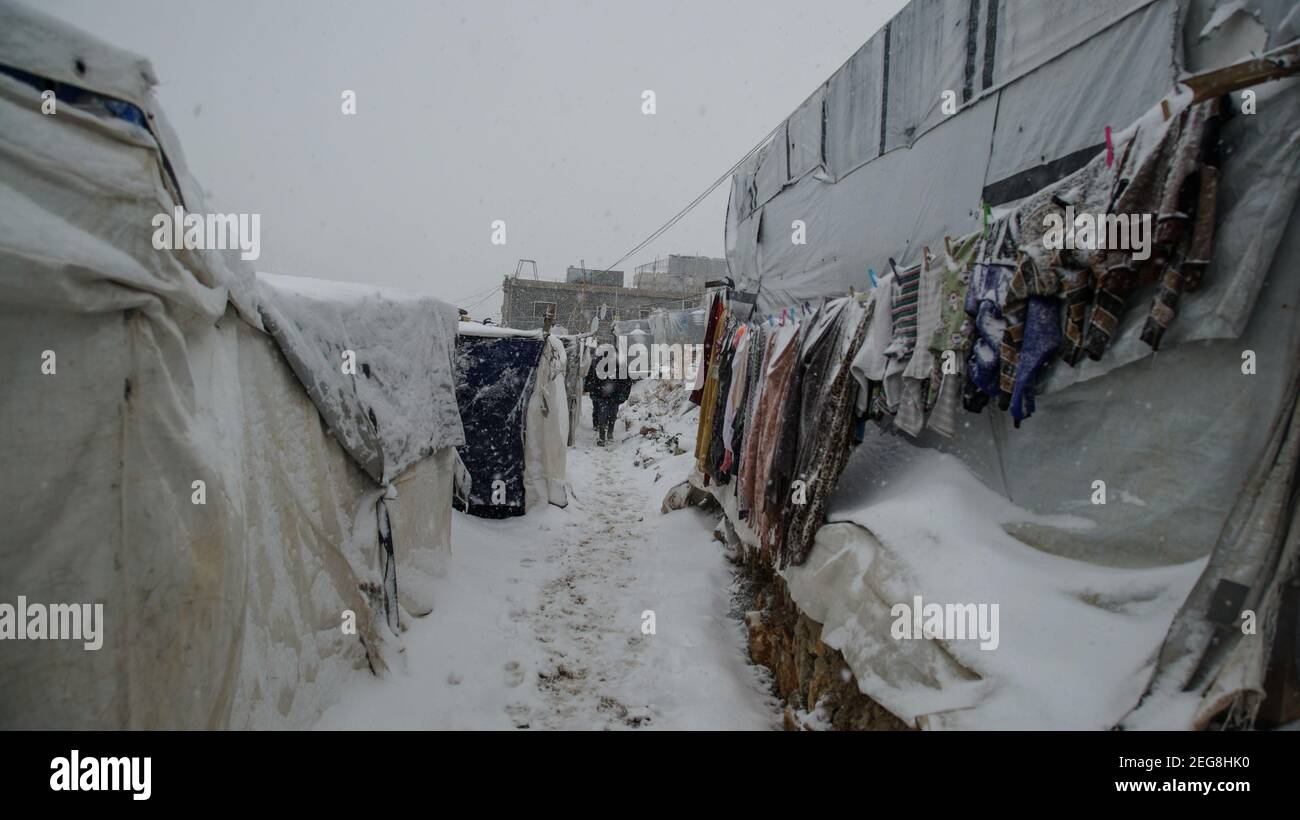 Syrian Refuge Camp at Syria Lebanon Borders at time of Blizzard Winter ...