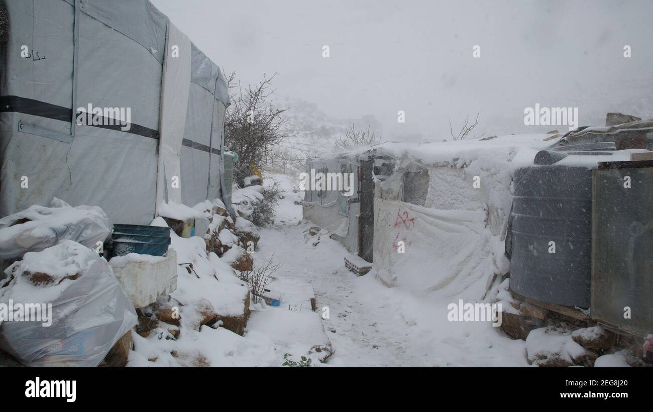 Syrian Refuge Camp at Syria Lebanon Borders at time of Blizzard Winter ...