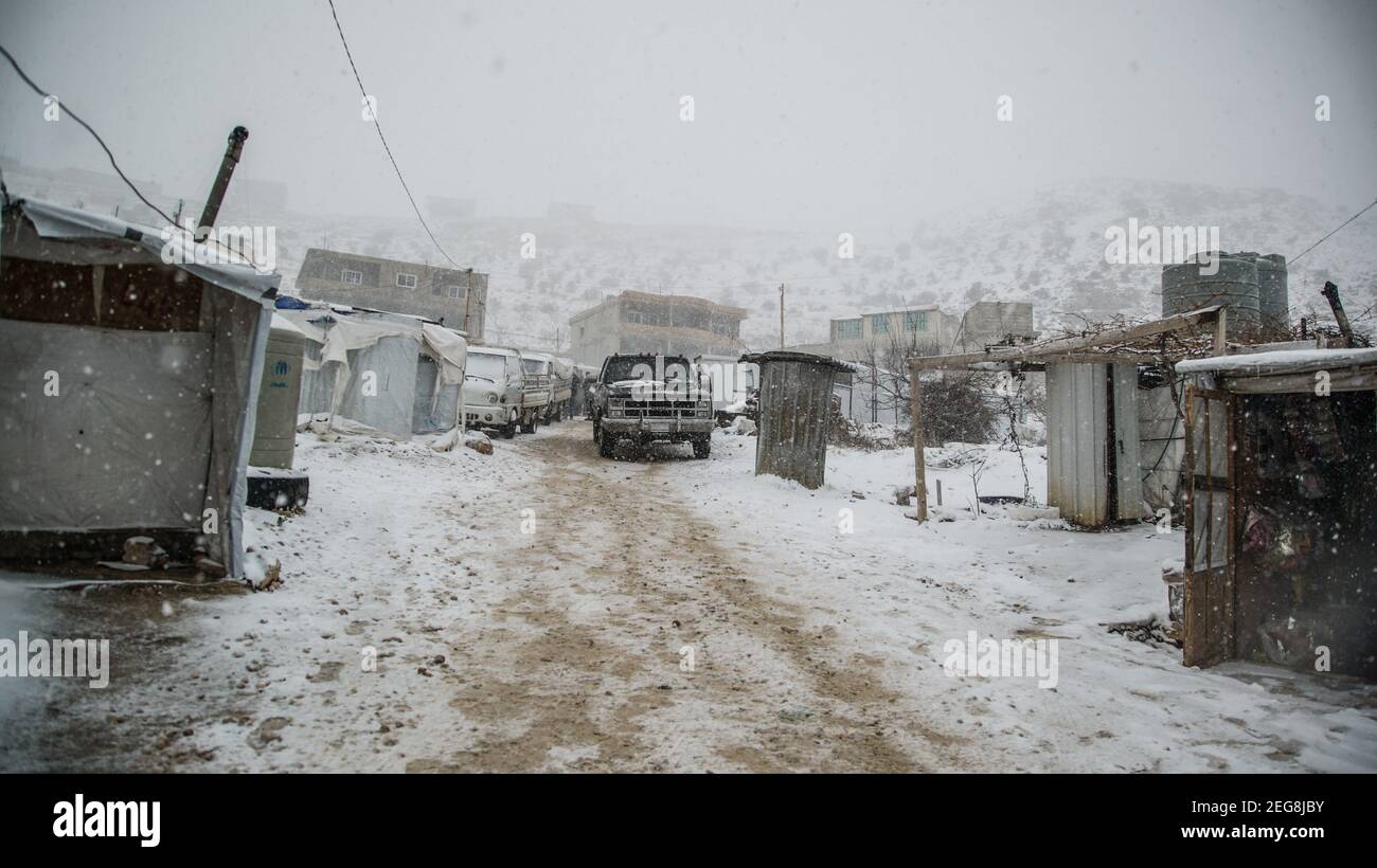 Syrian Refuge Camp at Syria Lebanon Borders at time of Blizzard Winter ...