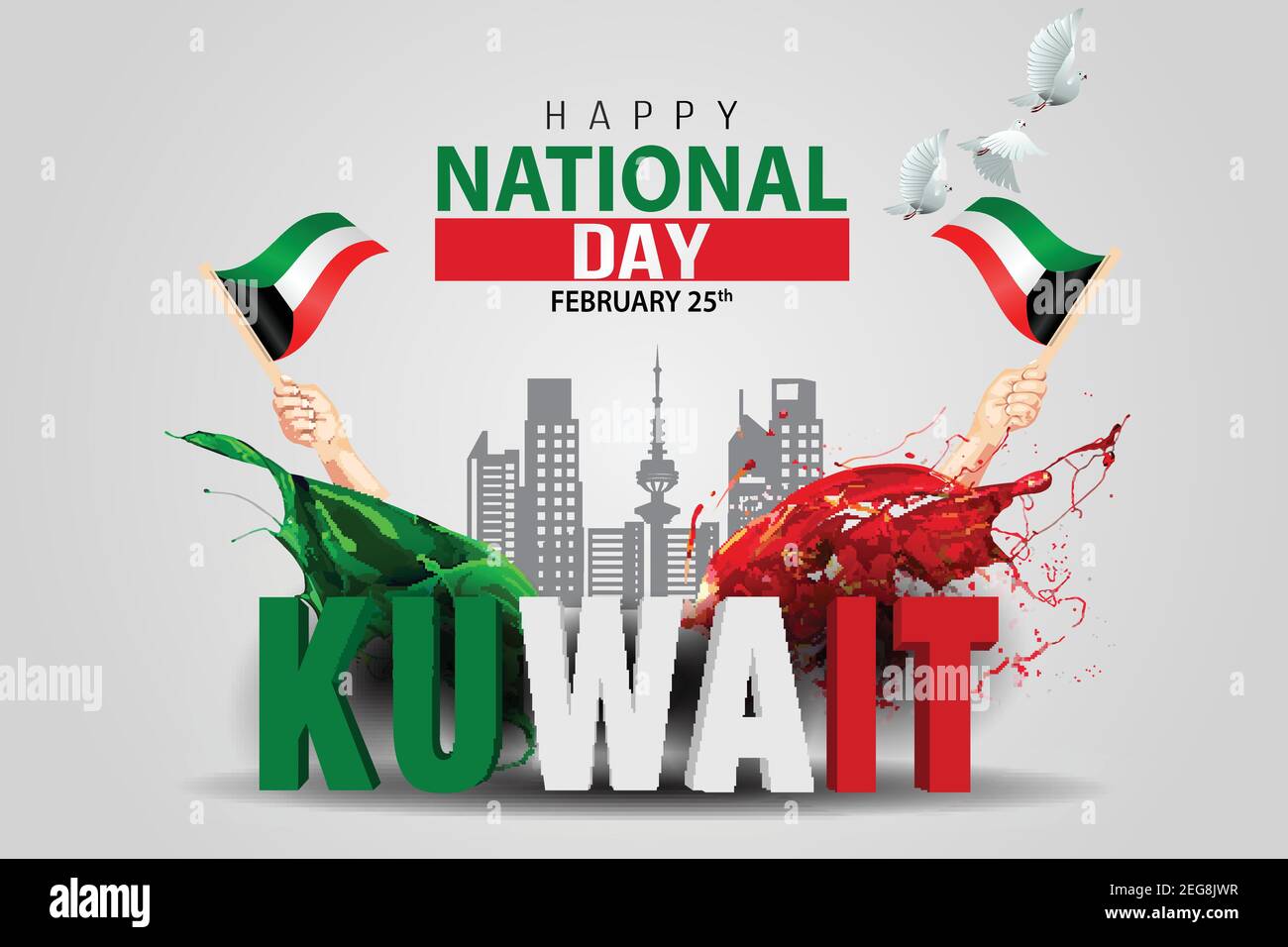 25th February happy national day Kuwait. hands holding Kuwait flag. 3d ...