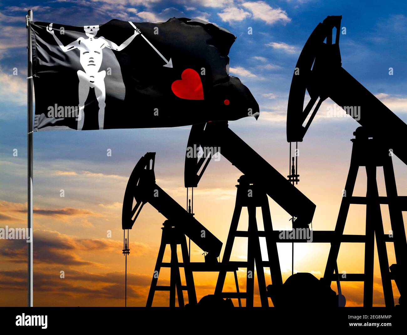 Oil rigs against the backdrop of the colorful sky and a flagpole with ...
