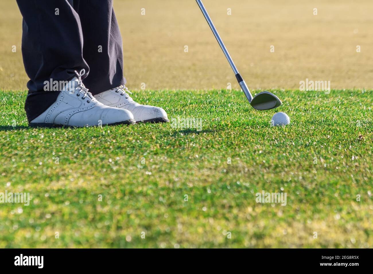 Zoomed in shot of a ball that is placed on a golf course and a golfer ...