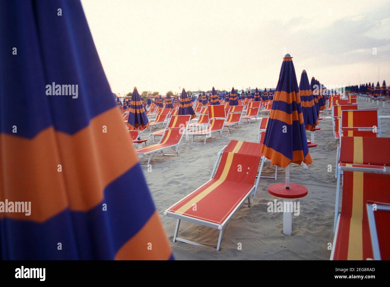 umbrellas or parasol at a public beach in Rimini in Emilia-Romagna in ...