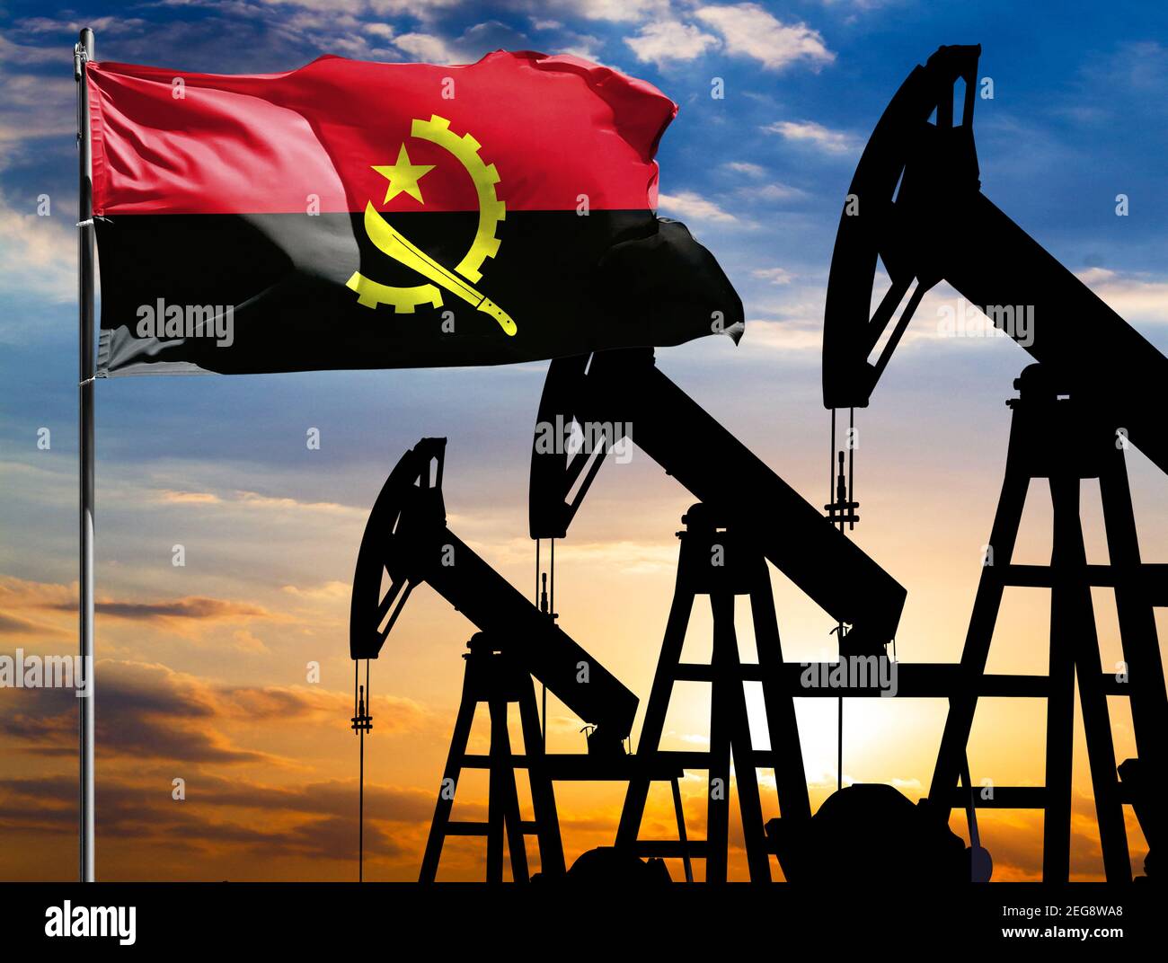Oil rigs against the backdrop of the colorful sky and a flagpole with ...