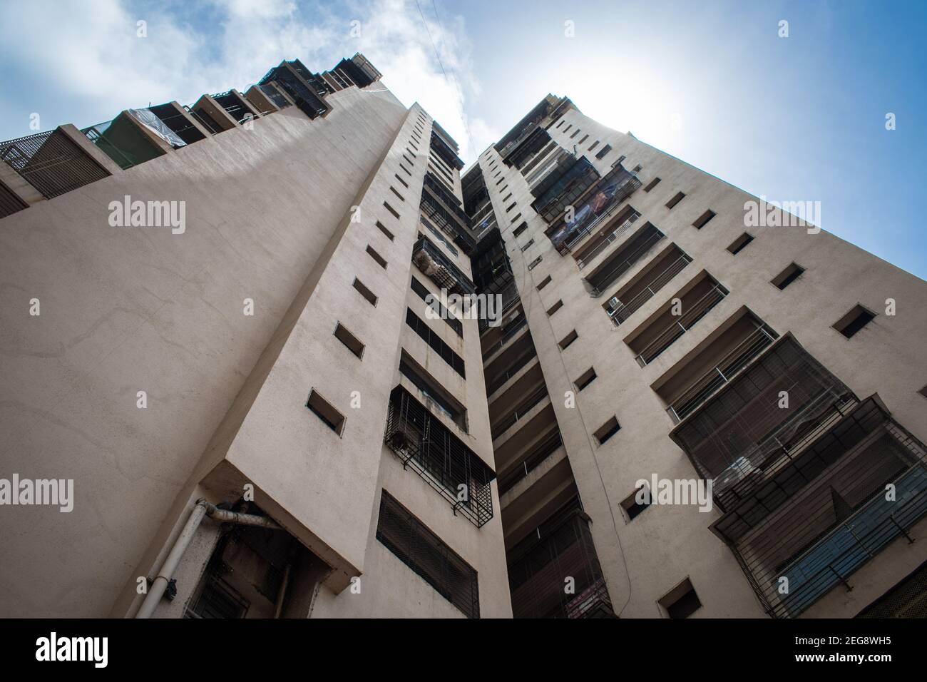 bottom view of residential building with ducts and galleries in ...