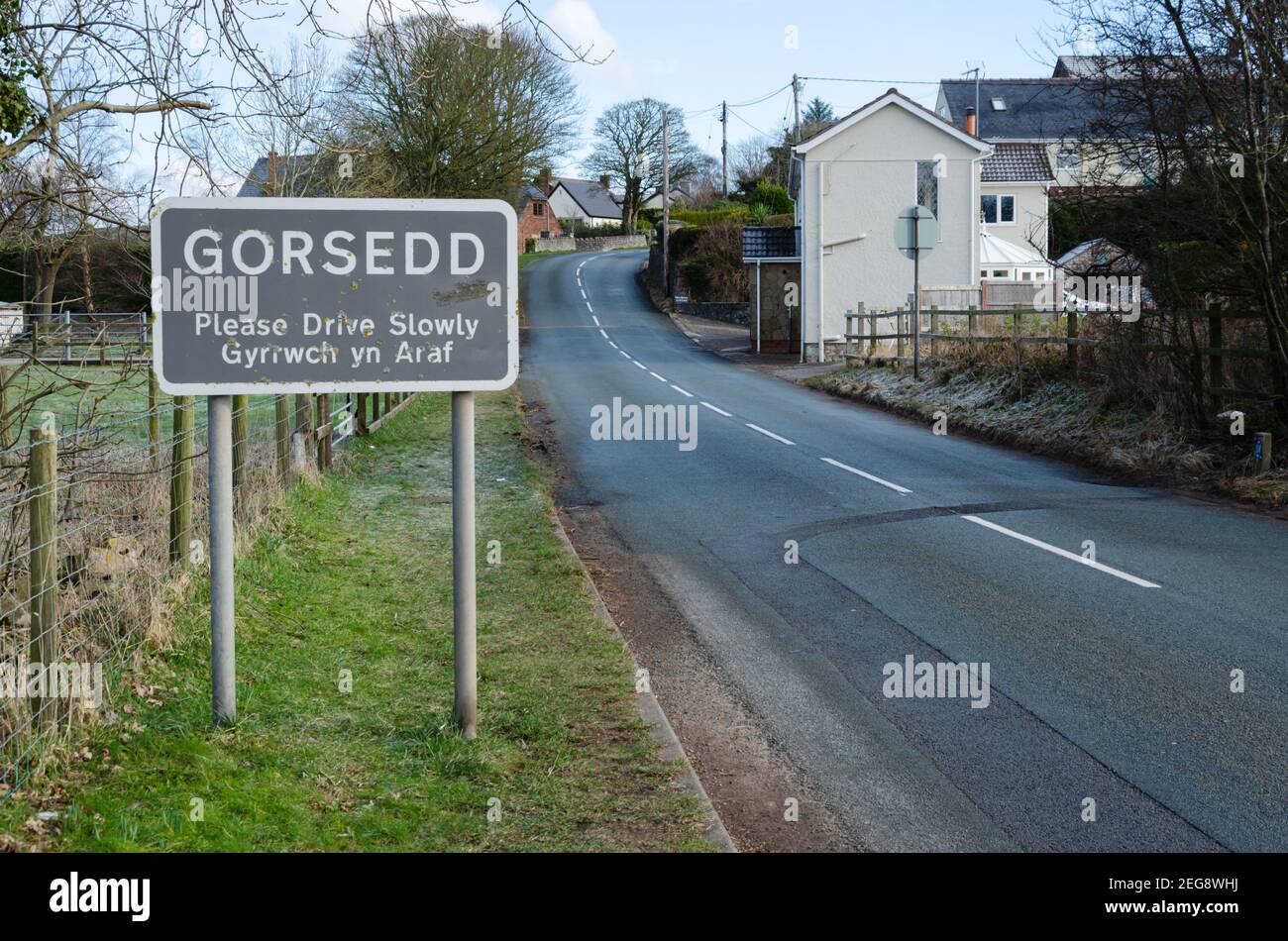 Gorsedd, Flintshire; UK: Feb 11, 2021: A place name sign at the ...