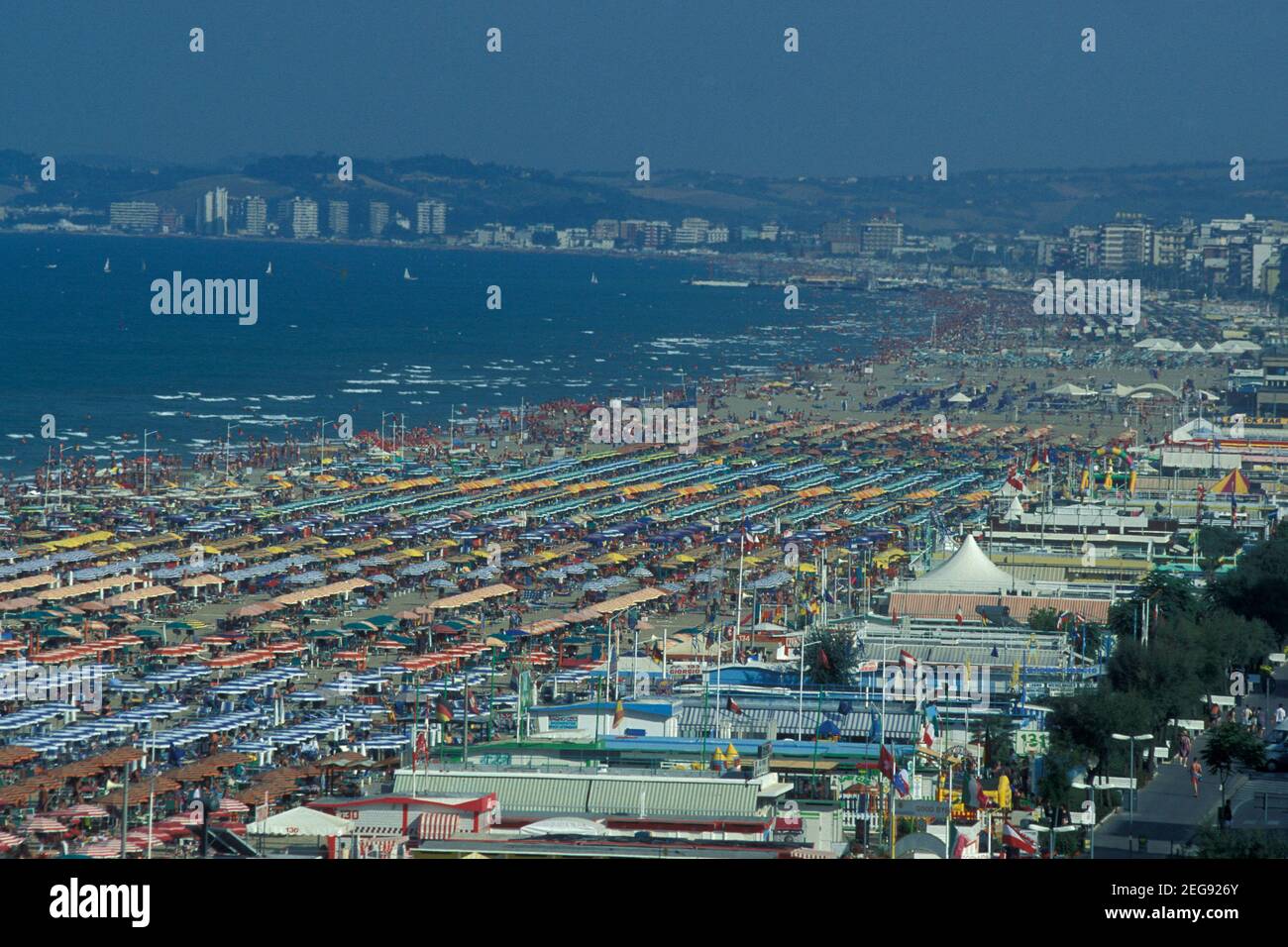 umbrellas or parasol at a public beach in Rimini in Emilia-Romagna in ...