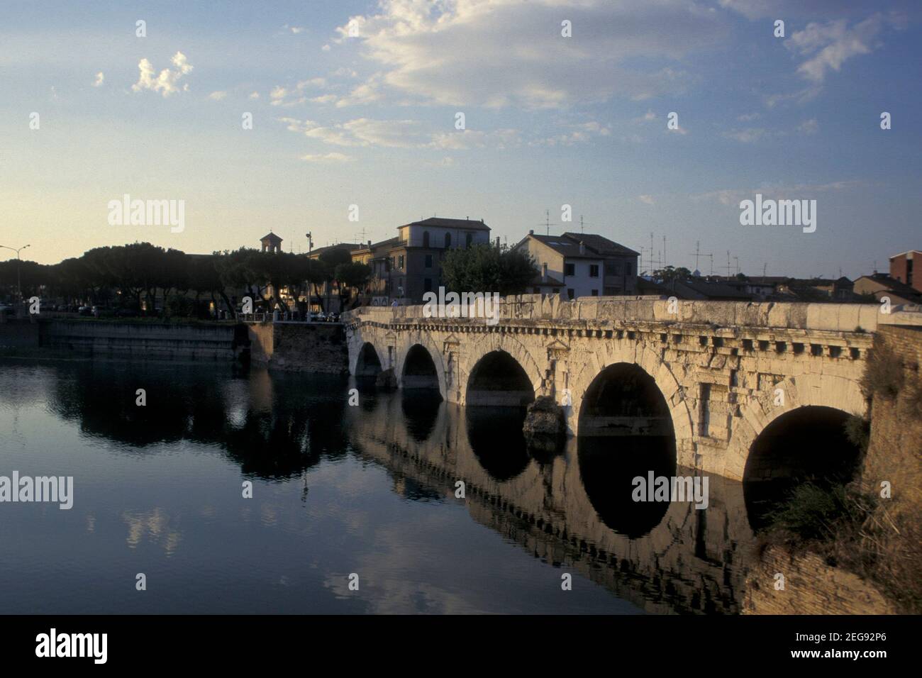 the Ponte di Tiberio in th old town of Rimini in Emilia-Romagna in ...