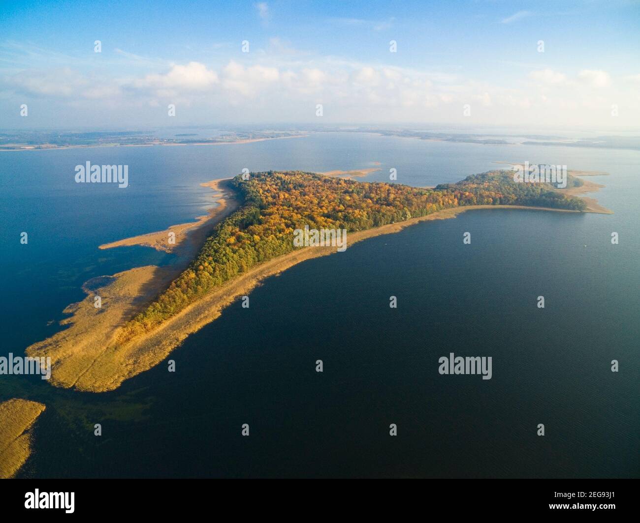 Colorful autumn view of Mamry Lake and Upalty island - the biggest ...