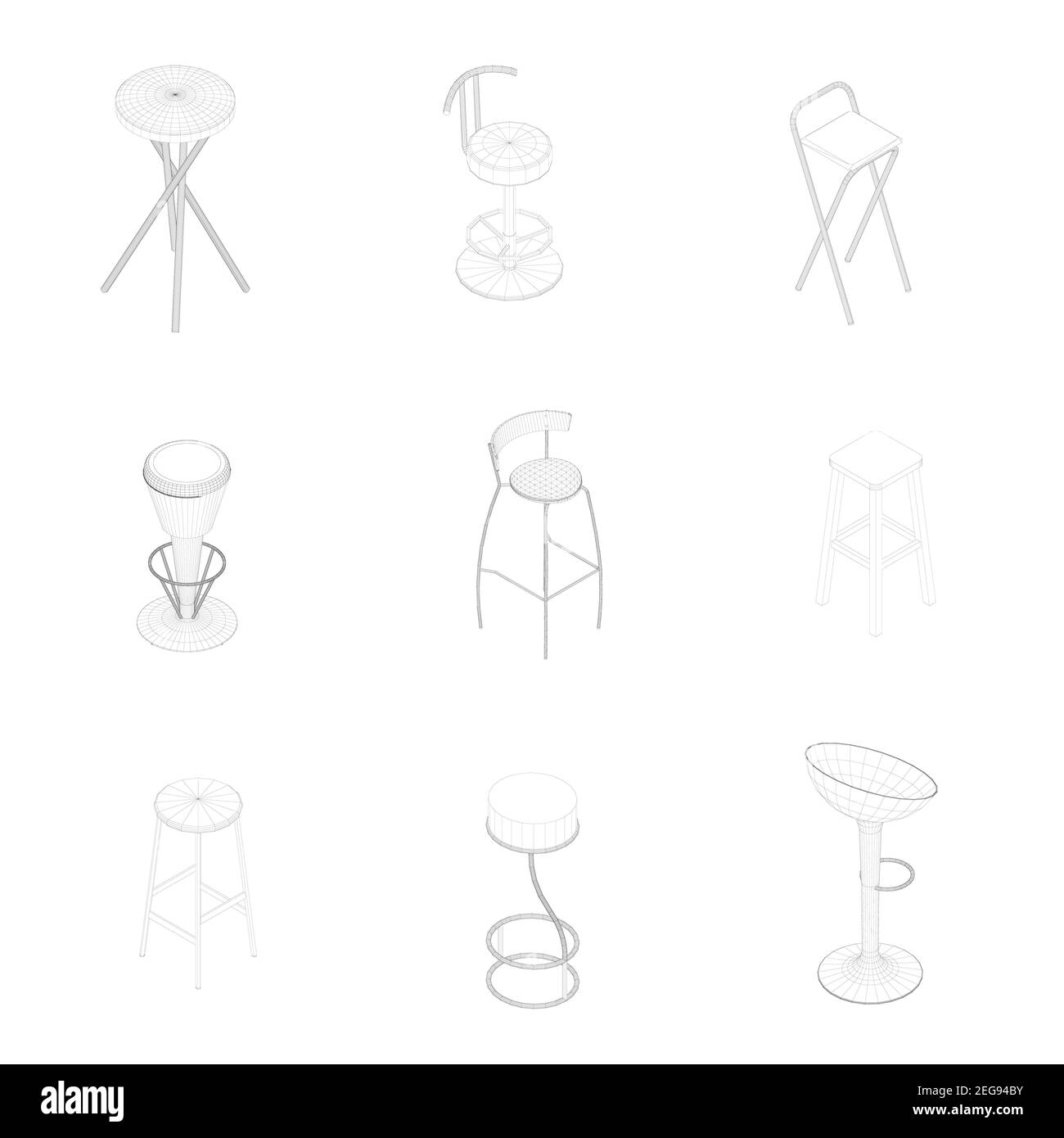 Set with frame chairs and armchairs isolated on white background. 3D ...