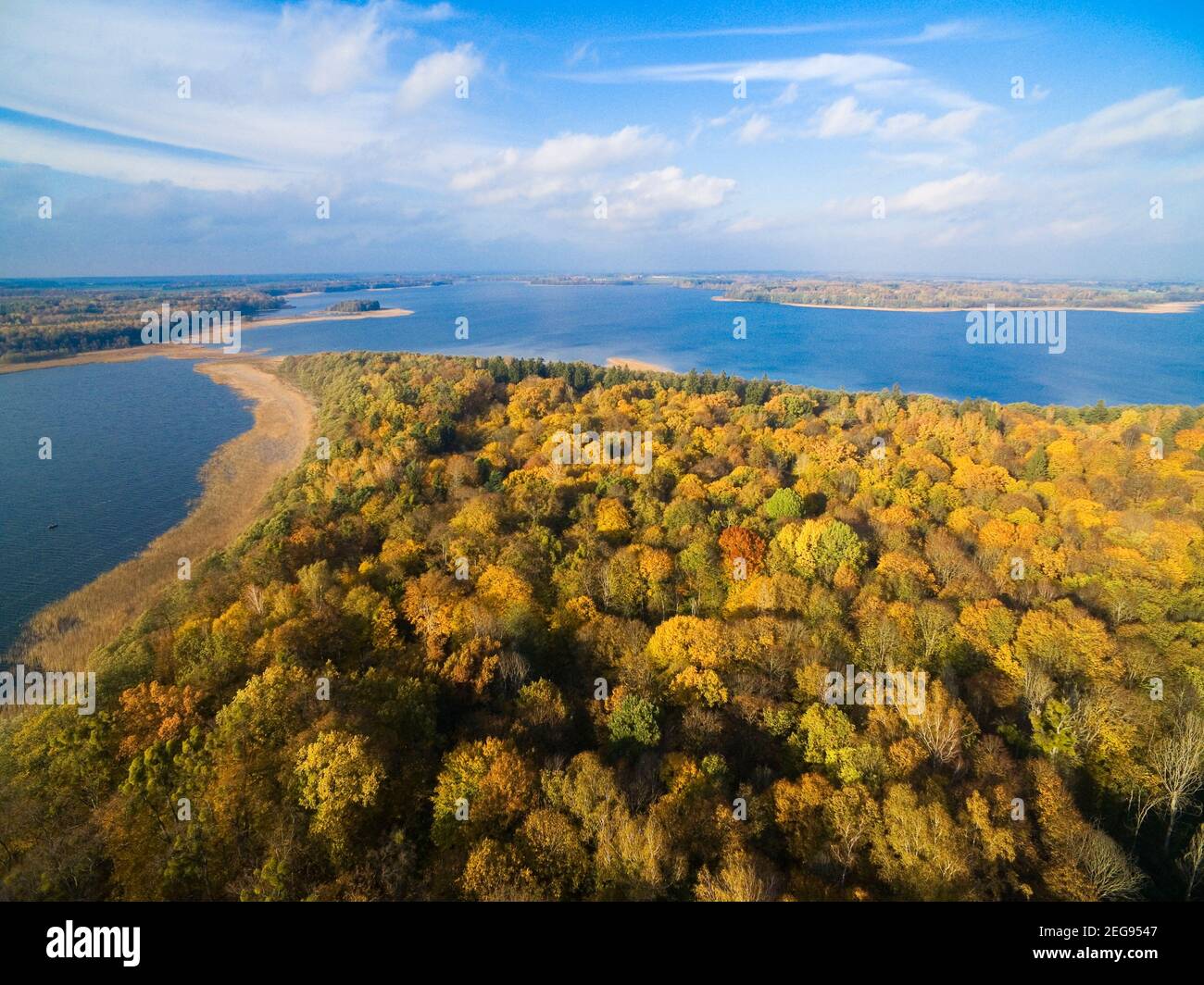 Colorful autumn view of Mamry Lake and Upalty island - the biggest ...