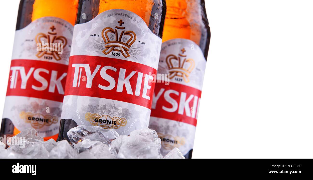 POZNAN, POL - OCT 8, 2020: Bottles of Tyskie, best selling brand of ...