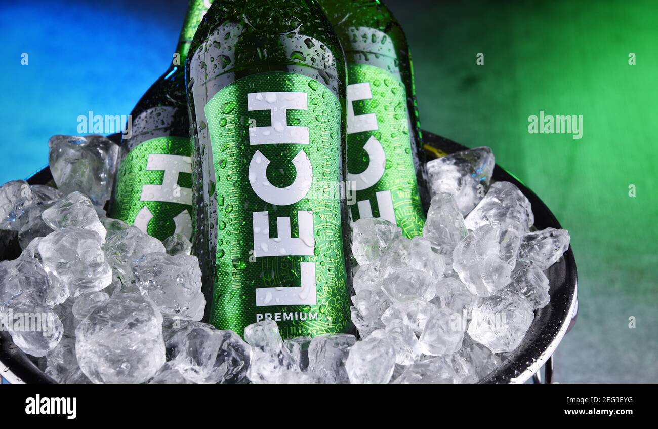 POZNAN, POL - OCT 8, 2020: Bottles of Lech, a brand of Polish beer ...