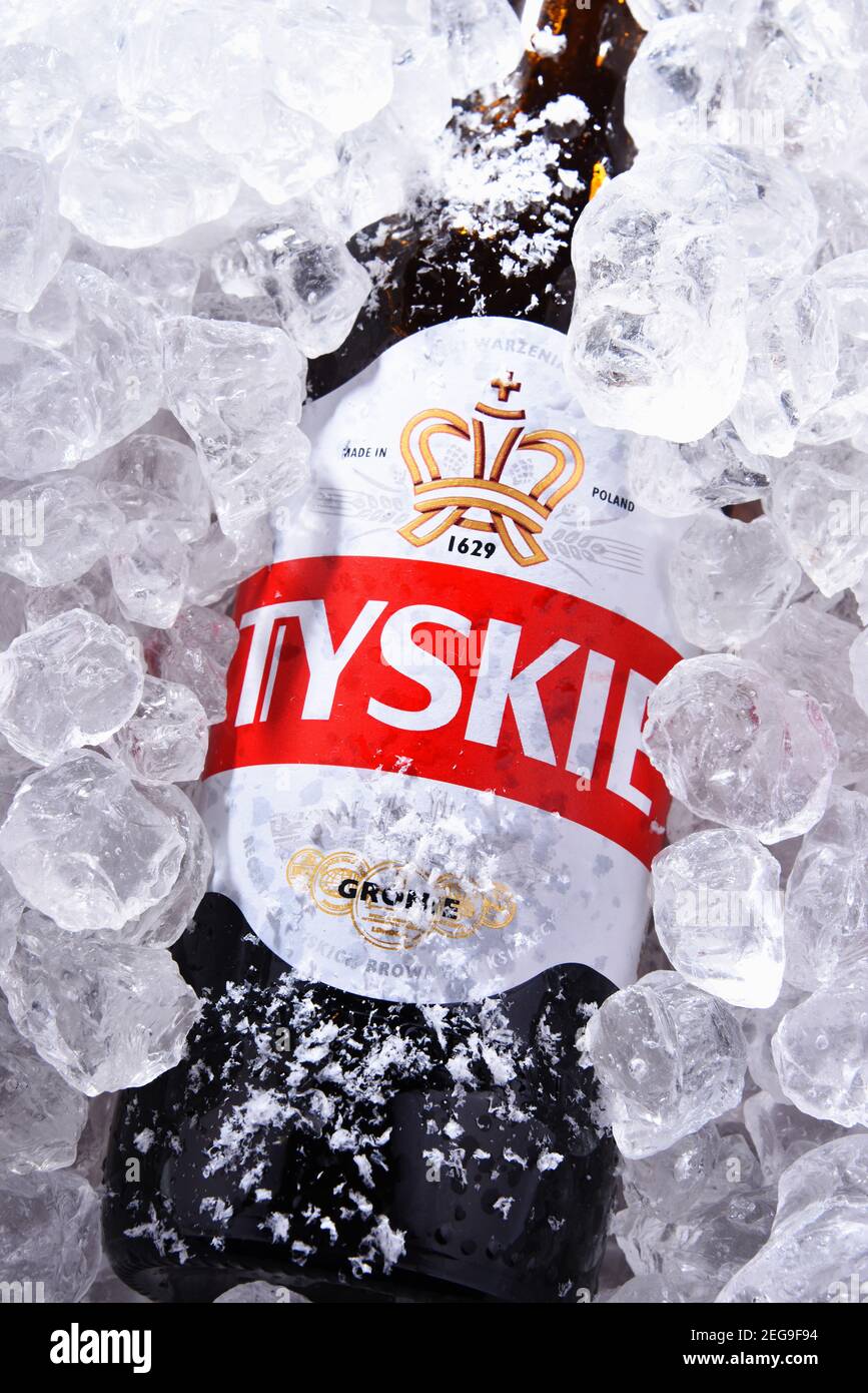 POZNAN, POL - OCT 8, 2020: Bottle of Tyskie, best selling brand of beer ...