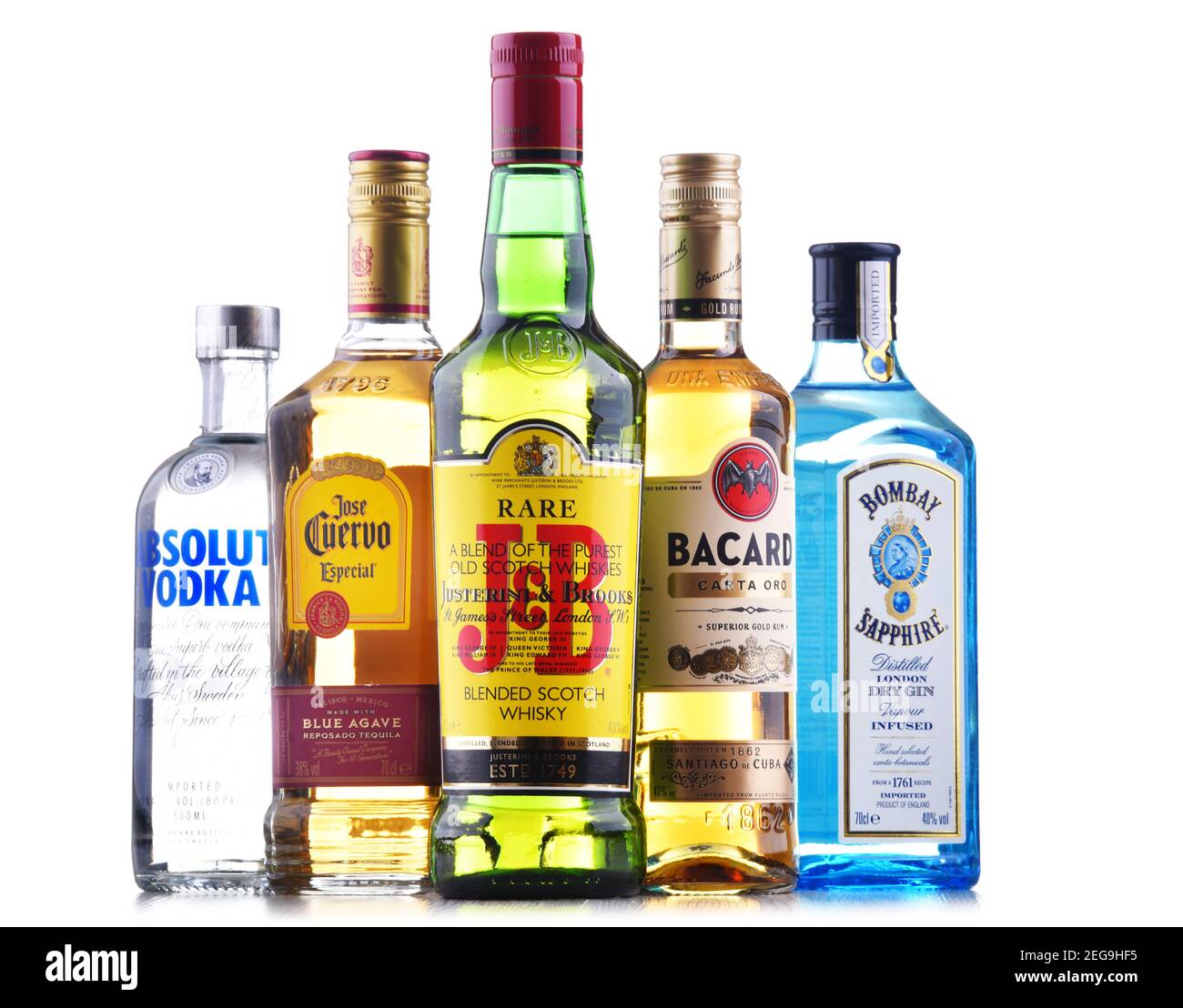 POZNAN, POL - OCT 30, 2020: Bottles of assorted global hard liquor ...