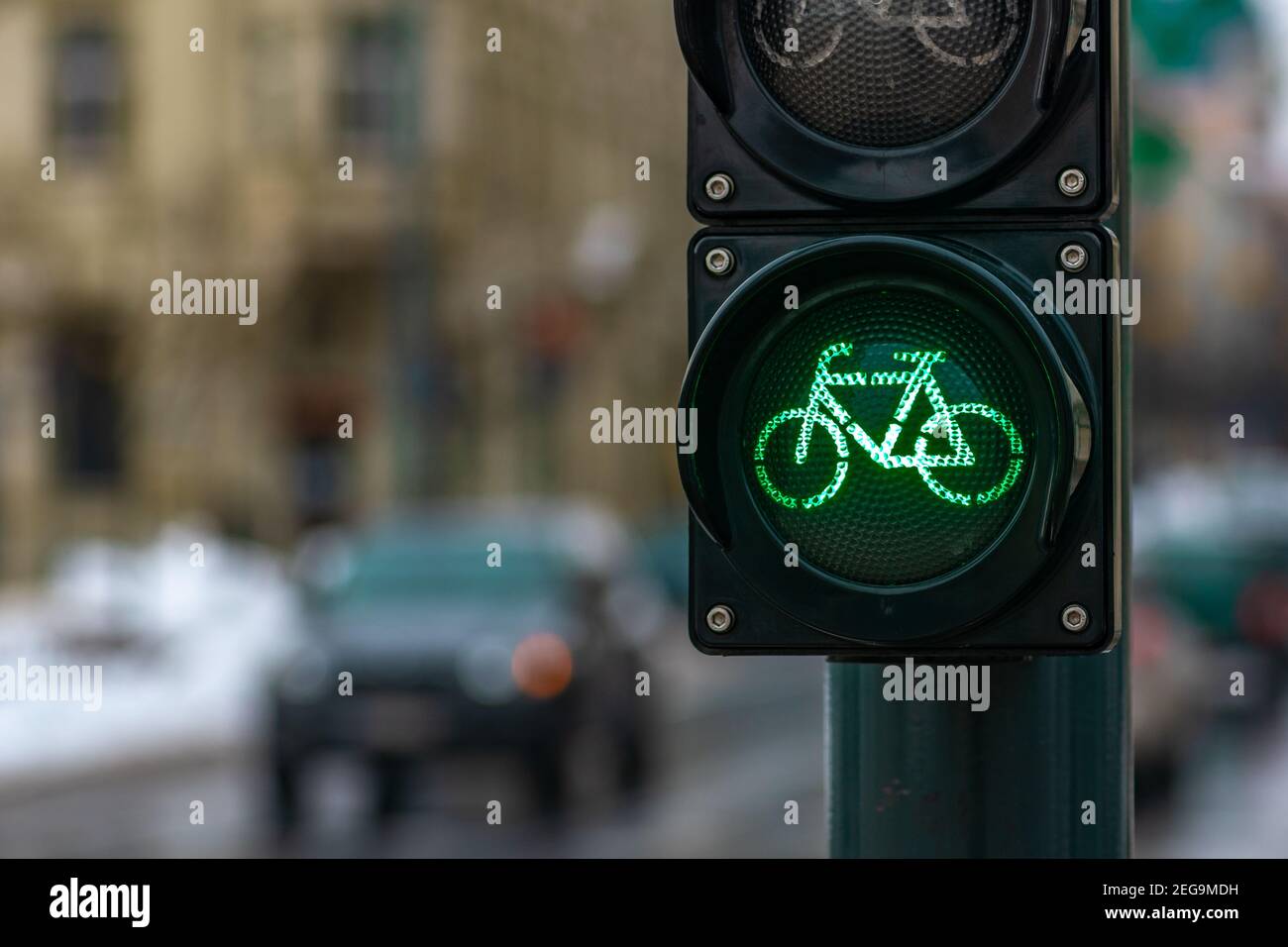 Sustainable transport. Bicycle traffic signal, green light, road bike ...