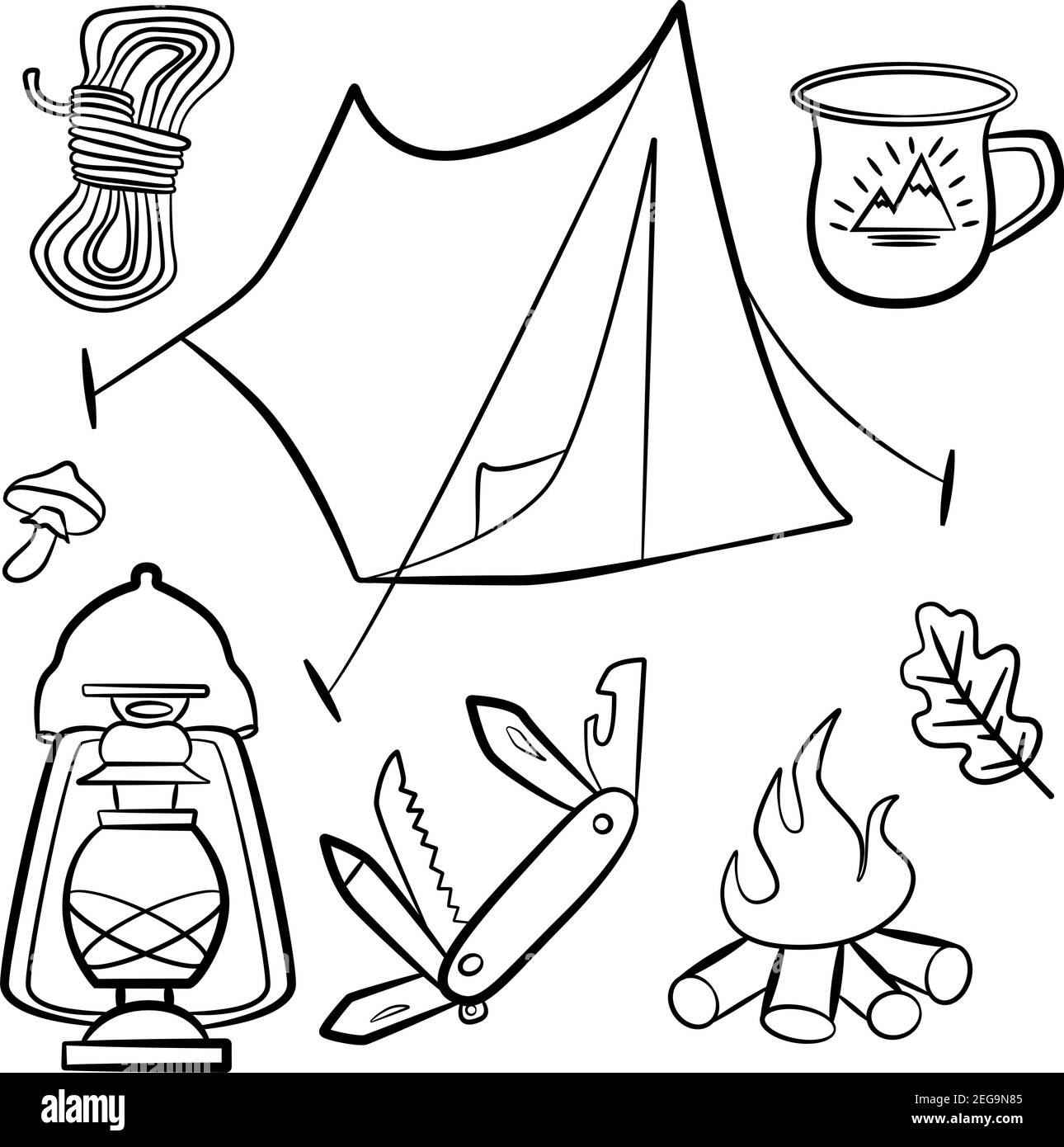 Set of doodle forest camping design elements. Hand drawn hiking and ...