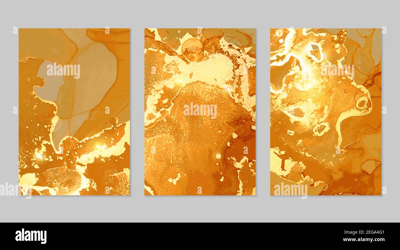 Set of gold and orange posters with geode. Marble abstract pattern ...
