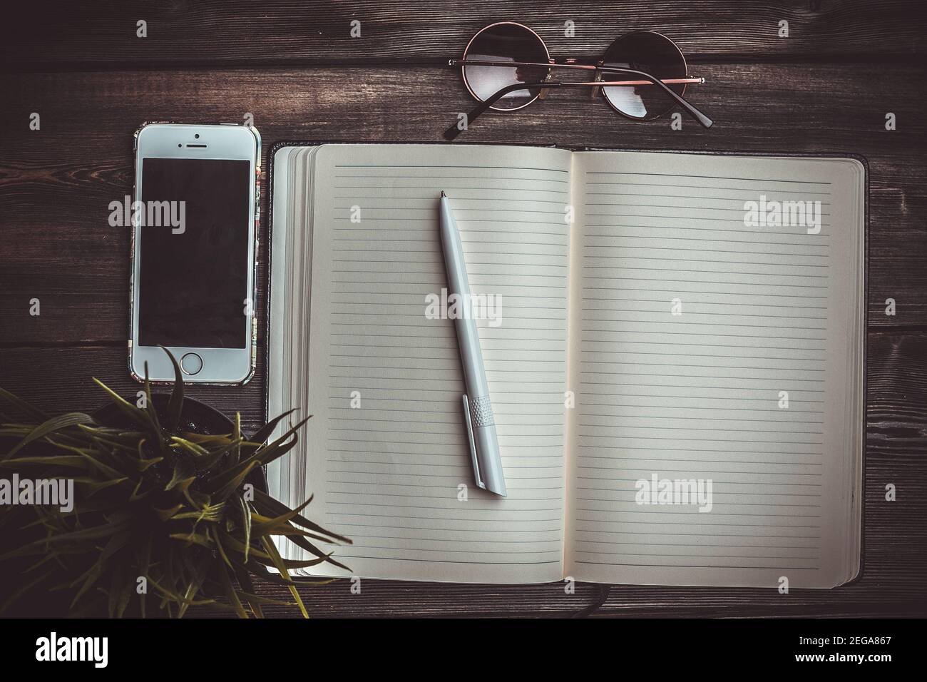 open notepad with pen and office glasses mobile phone flower in a pot ...