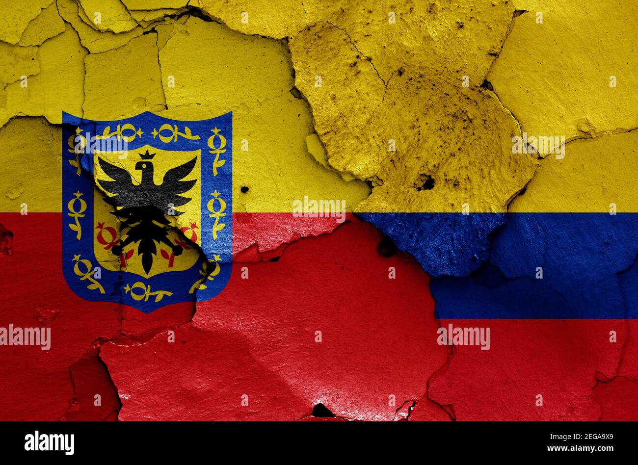 flags of Bogota and Colombia painted on cracked wall Stock Photo - Alamy