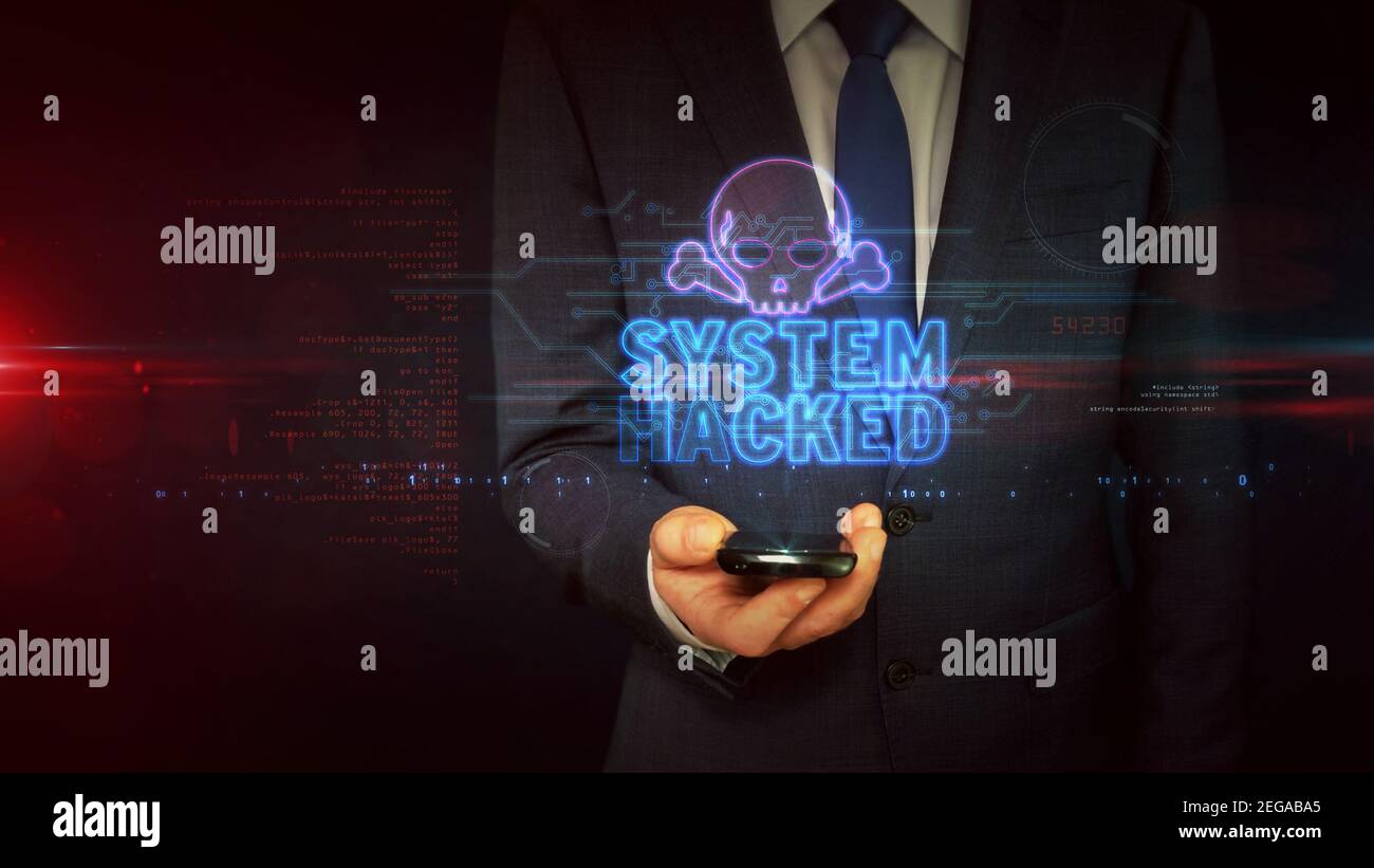 System Hacked warning concept with skull symbol, cyber attack alert, danger and computer ...