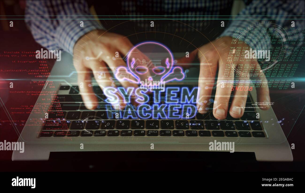 System Hacked warning concept with skull symbol, cyber attack alert, danger and computer ...