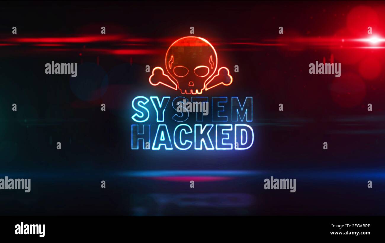 System Hacked warning concept with skull symbol, cyber attack alert, danger and computer ...