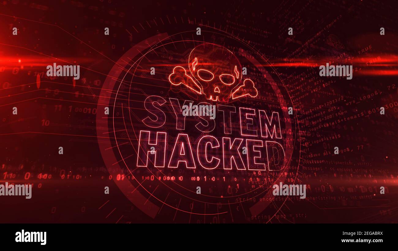 System Hacked warning concept with skull symbol, cyber attack alert ...
