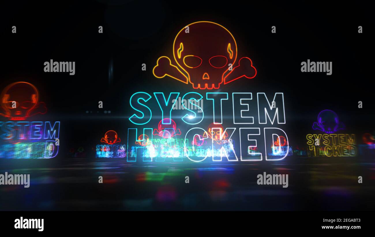 System Hacked warning concept with skull symbol, cyber attack alert ...