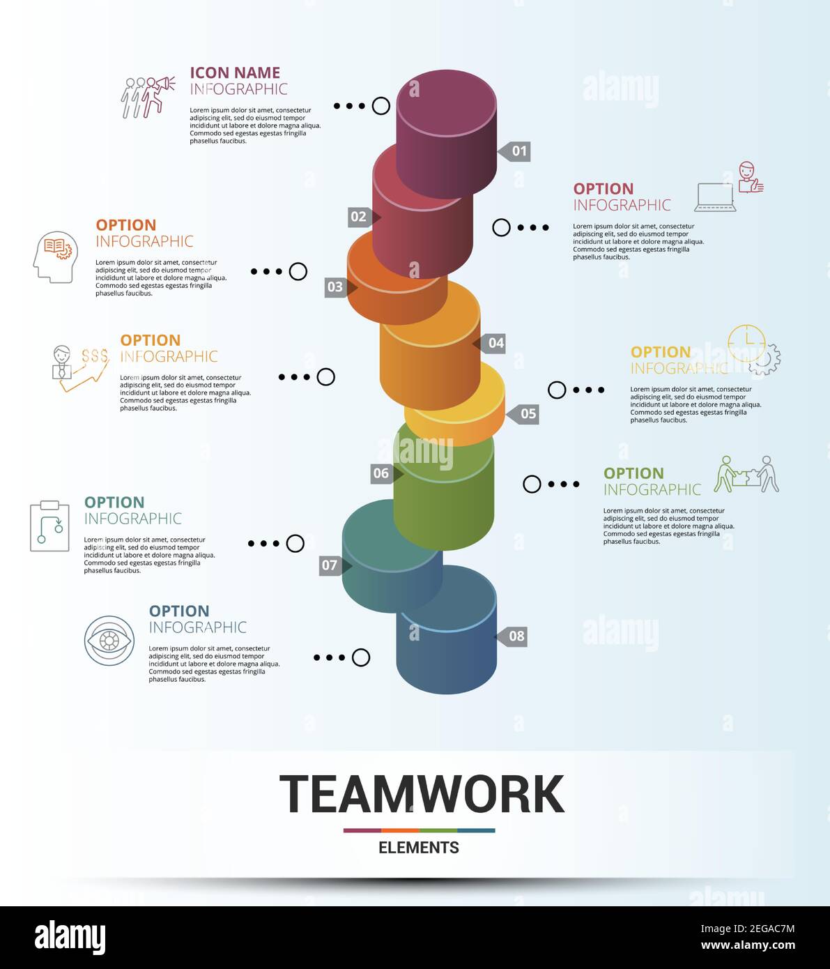Infographic Teamwork template. Icons in different colors. Include ...