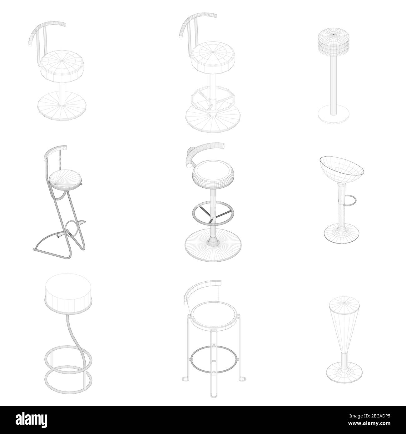 Set with frame chairs and armchairs isolated on white background. 3D ...