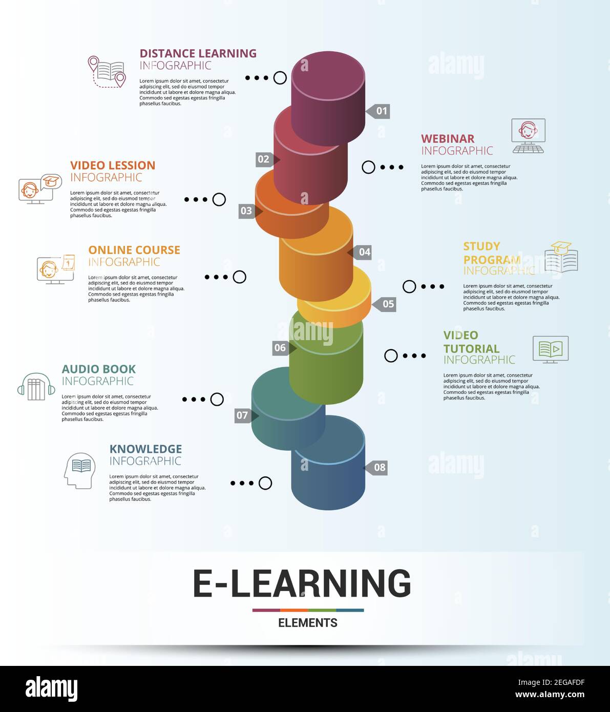 Infographic E-Learning template. Icons in different colors. Include ...
