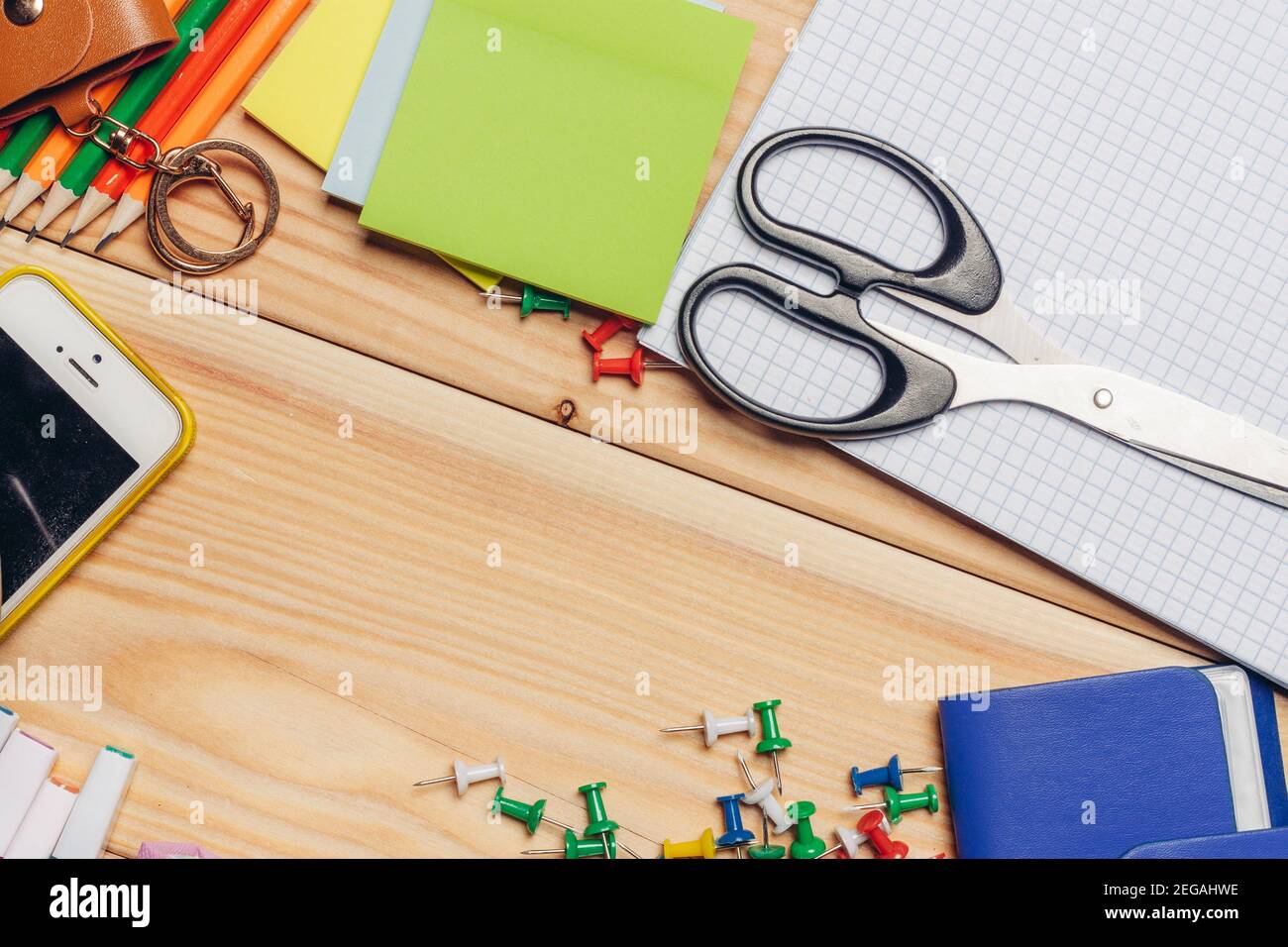 stationery office work desk object top view close-up Stock Photo - Alamy