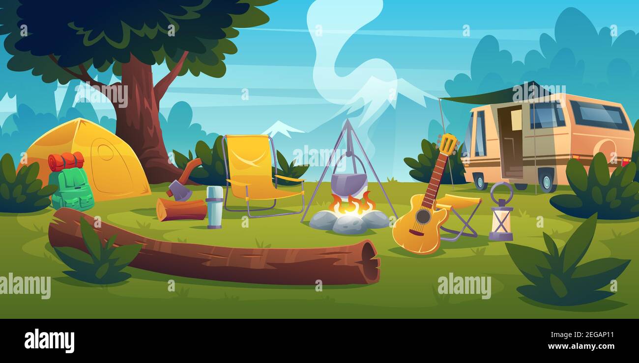 Summer camp with bonfire, tent, van, backpack, chair and guitar. Vector ...