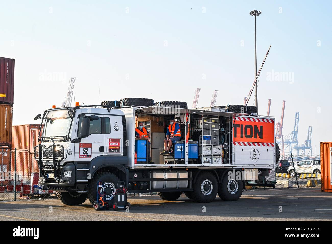Organisation truck in Jeddah harbor during the Dakar 2021's ...