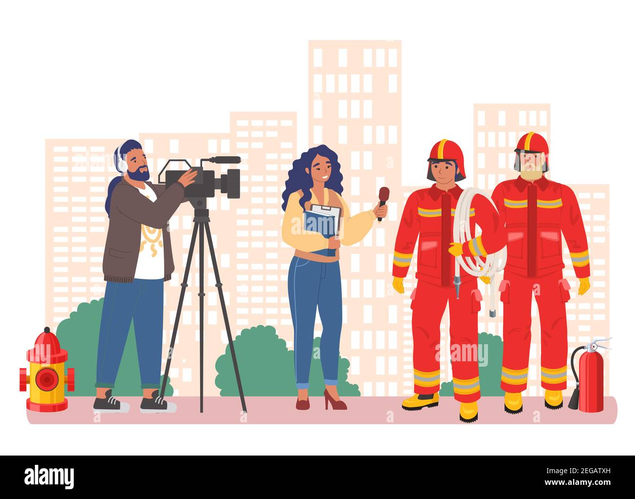 Journalist, cameraman shooting interview with two firefighters, flat vector illustration. Live ...