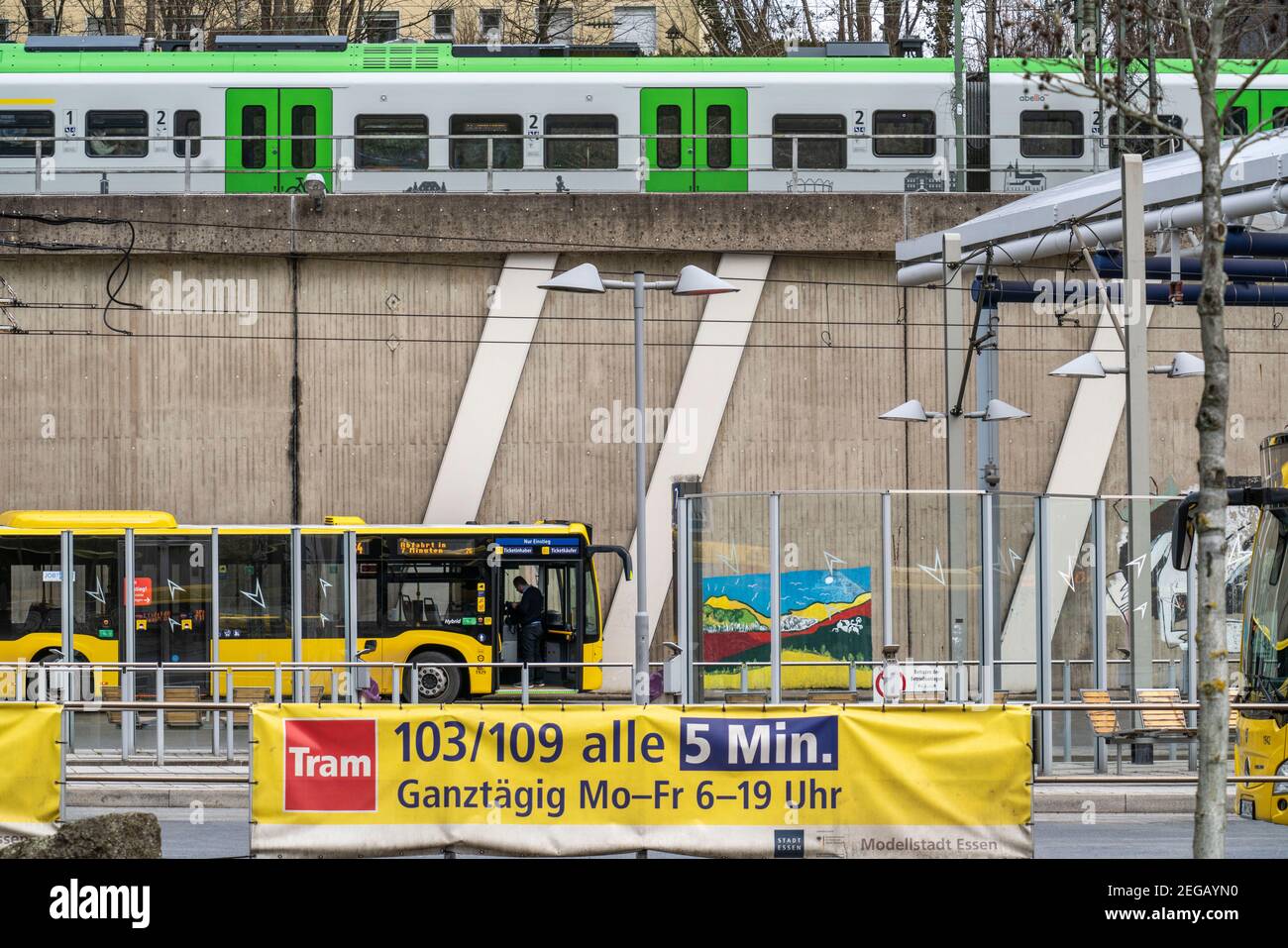 Trams of the Ruhrbahn, at the S-Bahn station Essen-Steele, interface ...